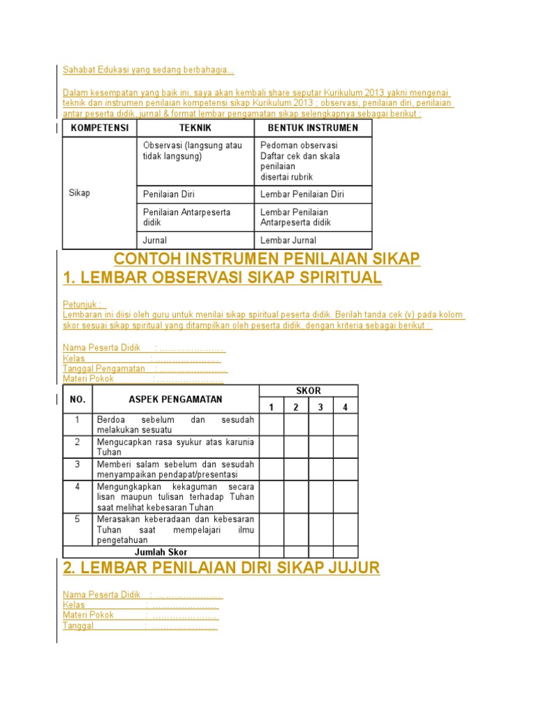 Instrumen Penilaian Sikap Kurikulum 2013 | PDF