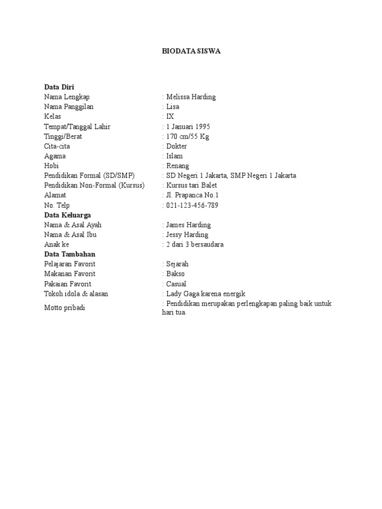 Contoh Tugas Biodata Siswa | PDF | Gaya Hidup