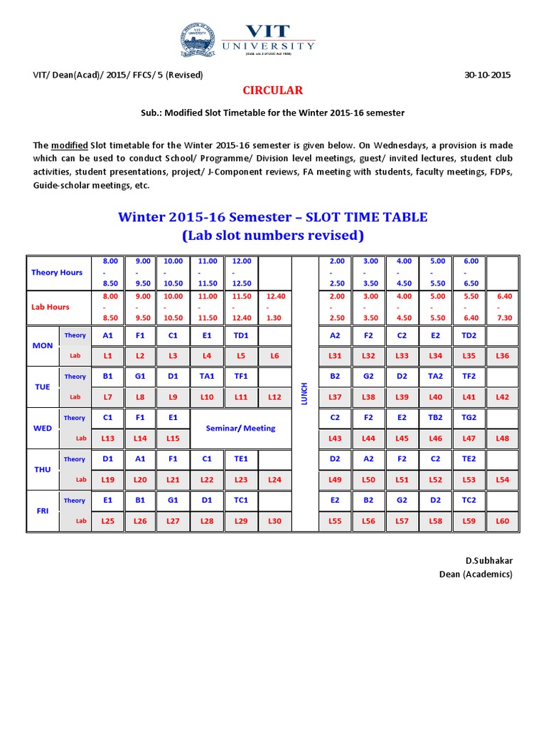 Winter 2015 16 Semester - SLOT TIME TABLE (Lab Slot Numbers Revised ...