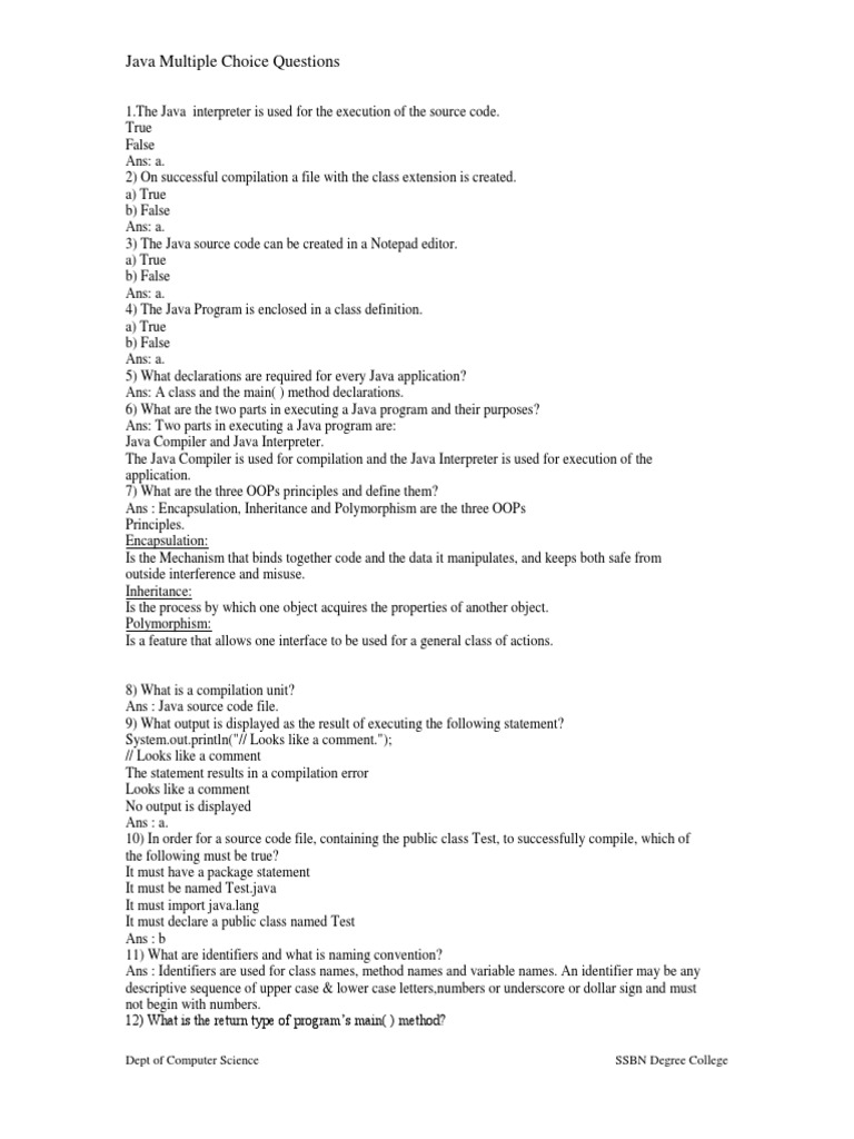 Java Multiple Choice Questions Dept Of Computer Science Ssbn Degree College Pdf Inheritance