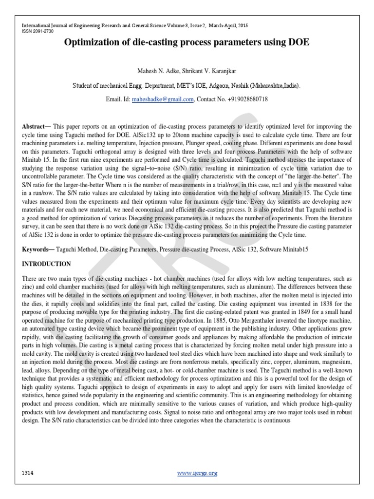 Optimization of die-casting process parameters using DOE: Taguchi method for minimizing cycle ...