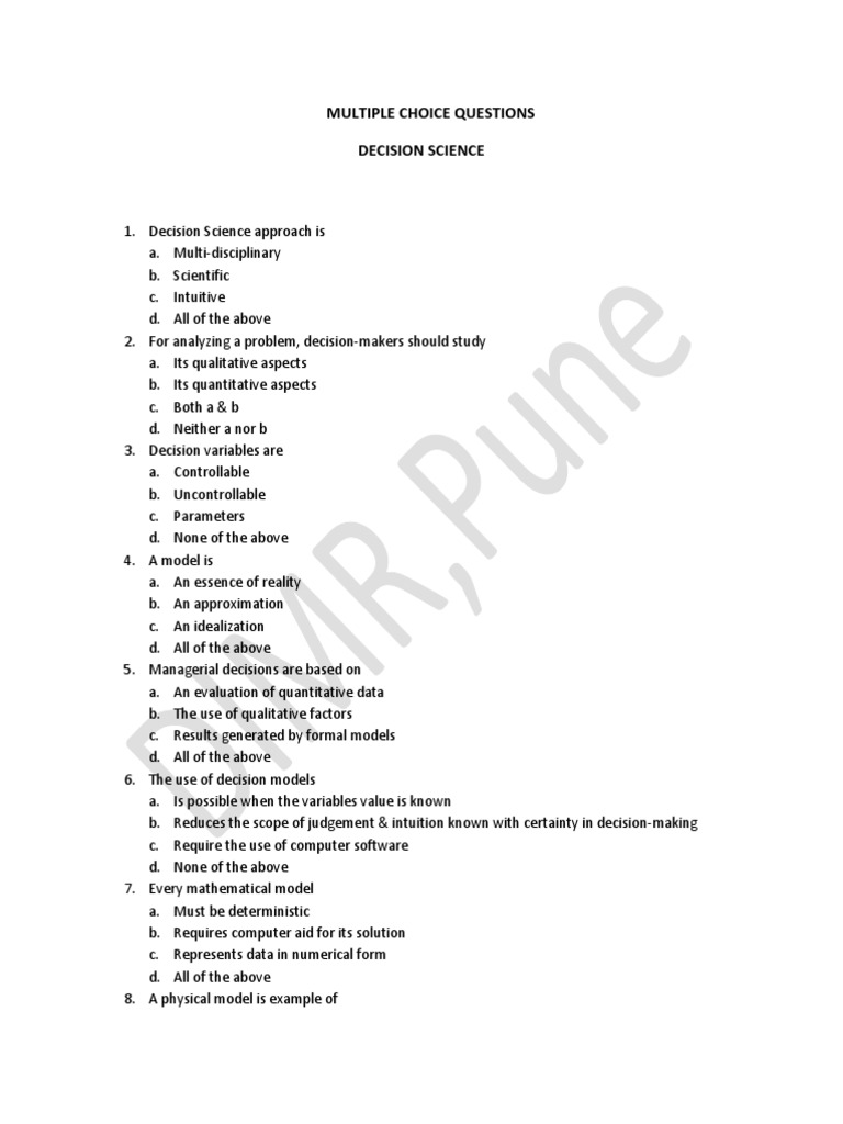 An Assessment of Decision Science Concepts: Multiple Choice Questions on Decision Variables ...