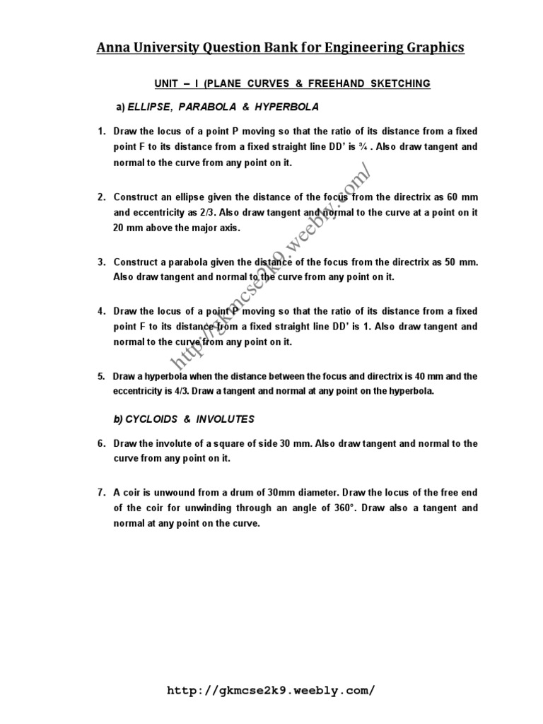 Engineering Graphics Question Bank Covering Plane Curves, Freehand ...