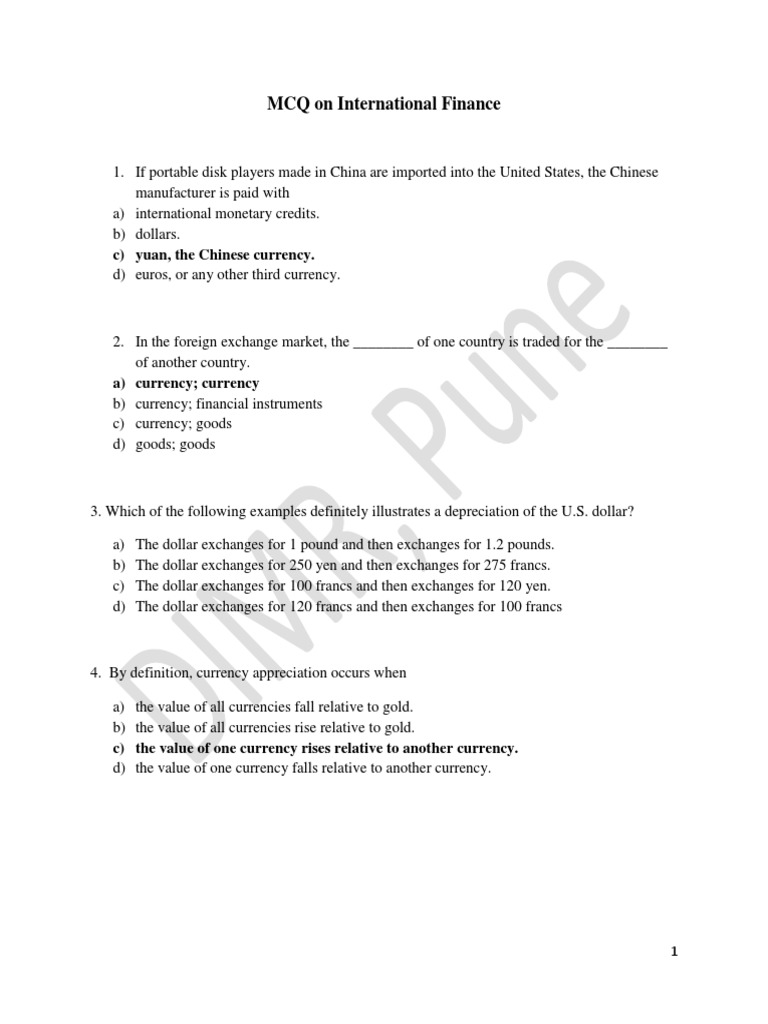 MCQs on International Finance Exam | PDF | Exchange Rate | Option (Finance)