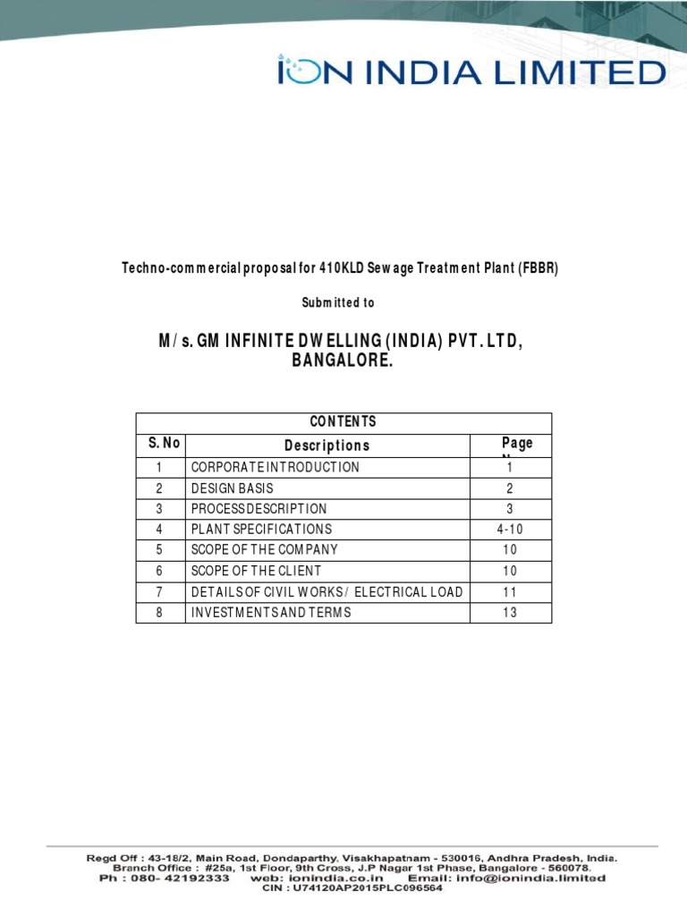 GM Infinite 410kld FBBR Quote 26.08.16 | PDF | Sewage Treatment | Pump