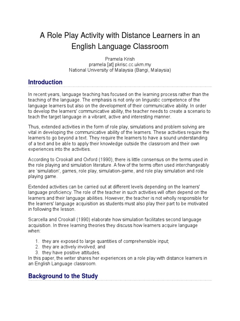 A Role Play Activity With Distance Learners in An English Language ...