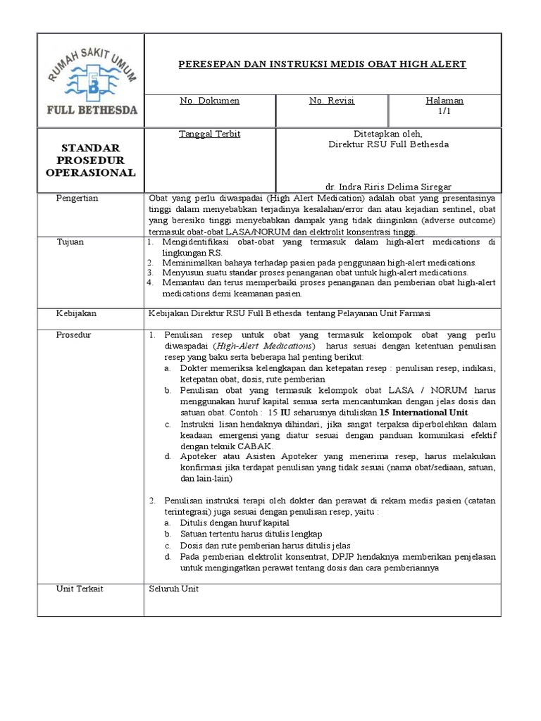 SPO Peresepan Dan Instruksi Medis Obat High Alert | PDF