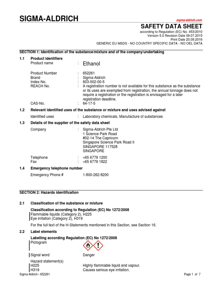 Sigma-Aldrich: Ethanol | PDF | Toxicity | Safety