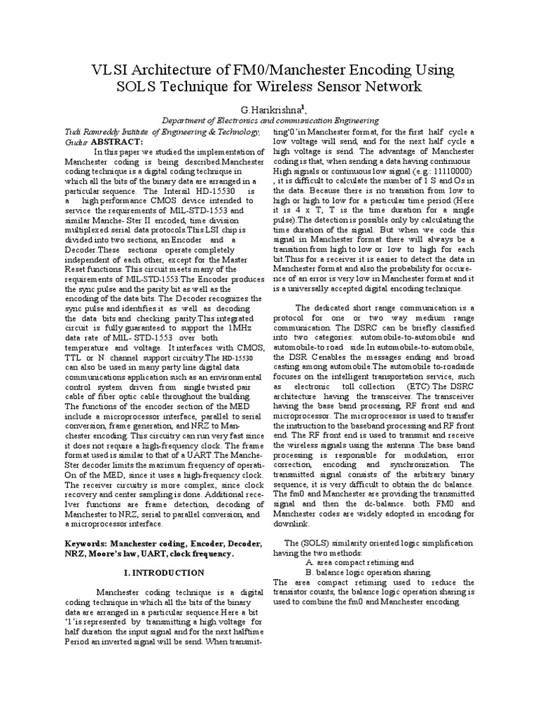 VLSI Architecture of FM0/Manchester Encoding Using SOLS Technique For Wireless Sensor Network ...