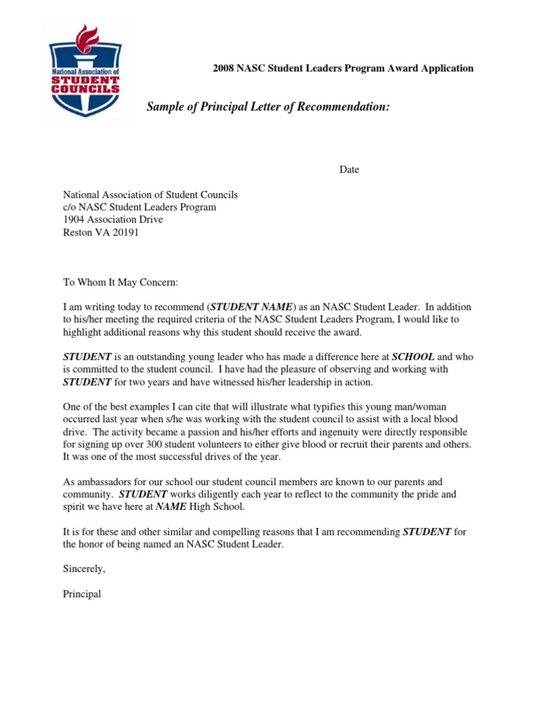 Sample of Principal Letter of Recommendation:: 2008 NASC Student ...