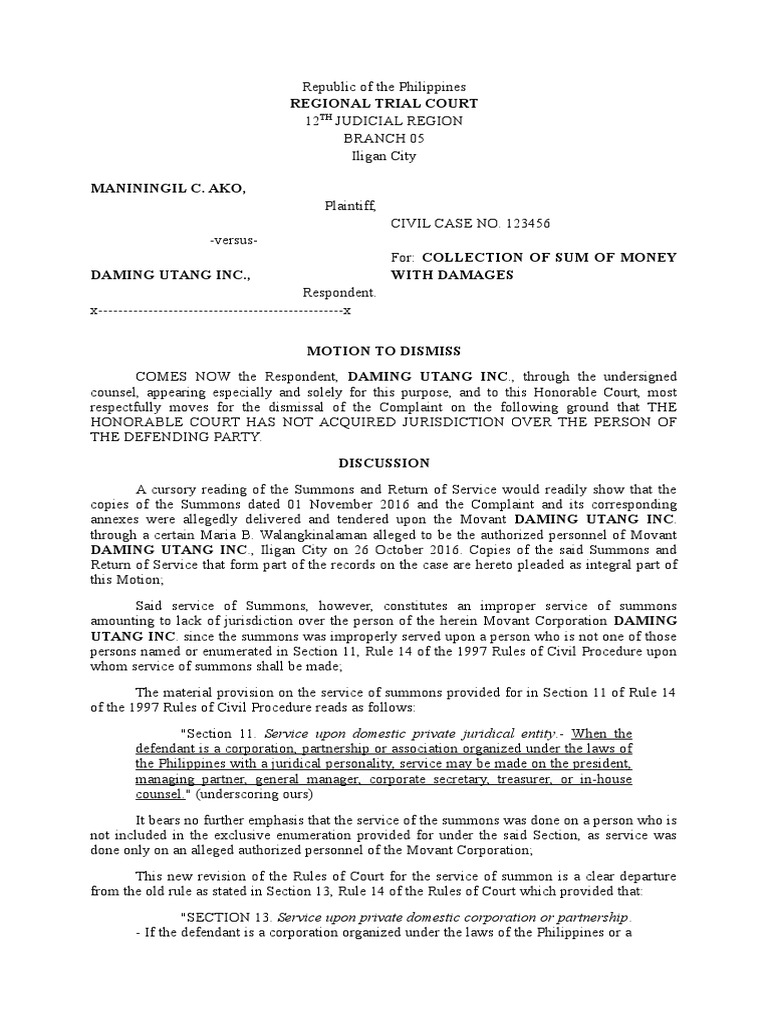 Motion To Dismiss | PDF | Summons | Complaint