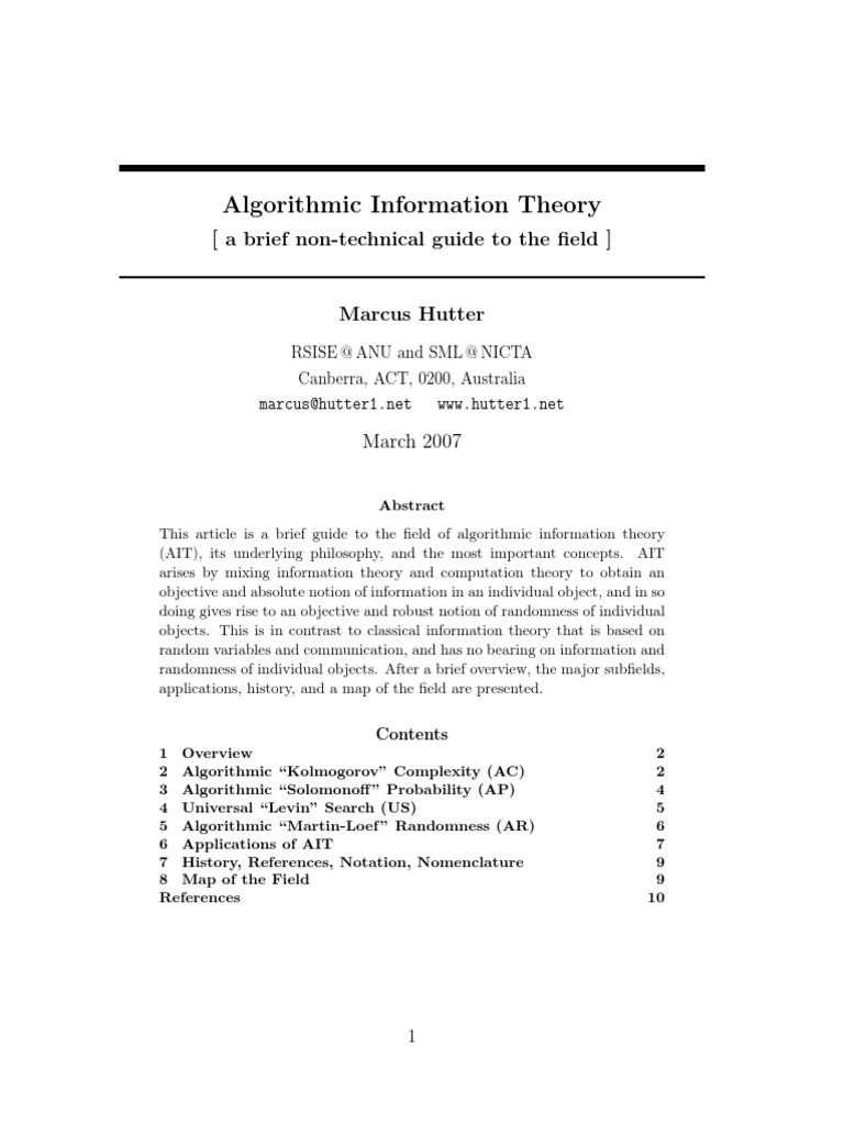 Algorithmic Information Theory: (A Brief Non-Technical Guide To The ...