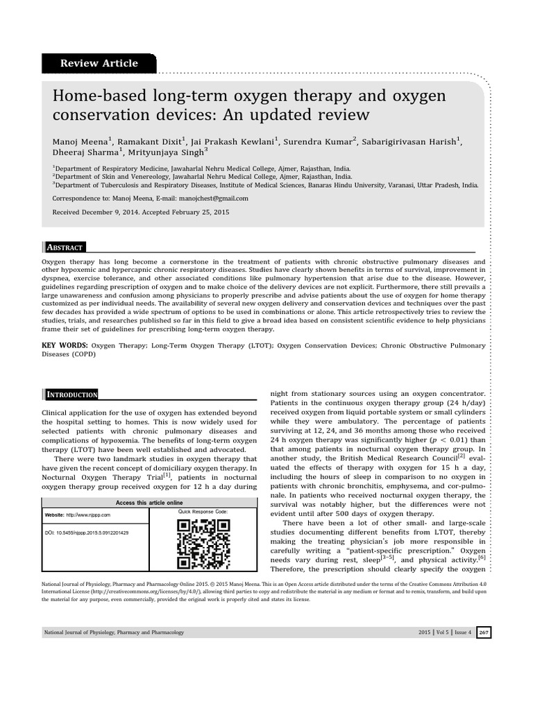 Home-Based Long-Term Oxygen Therapy and Oxygen Conservation Devices: An ...