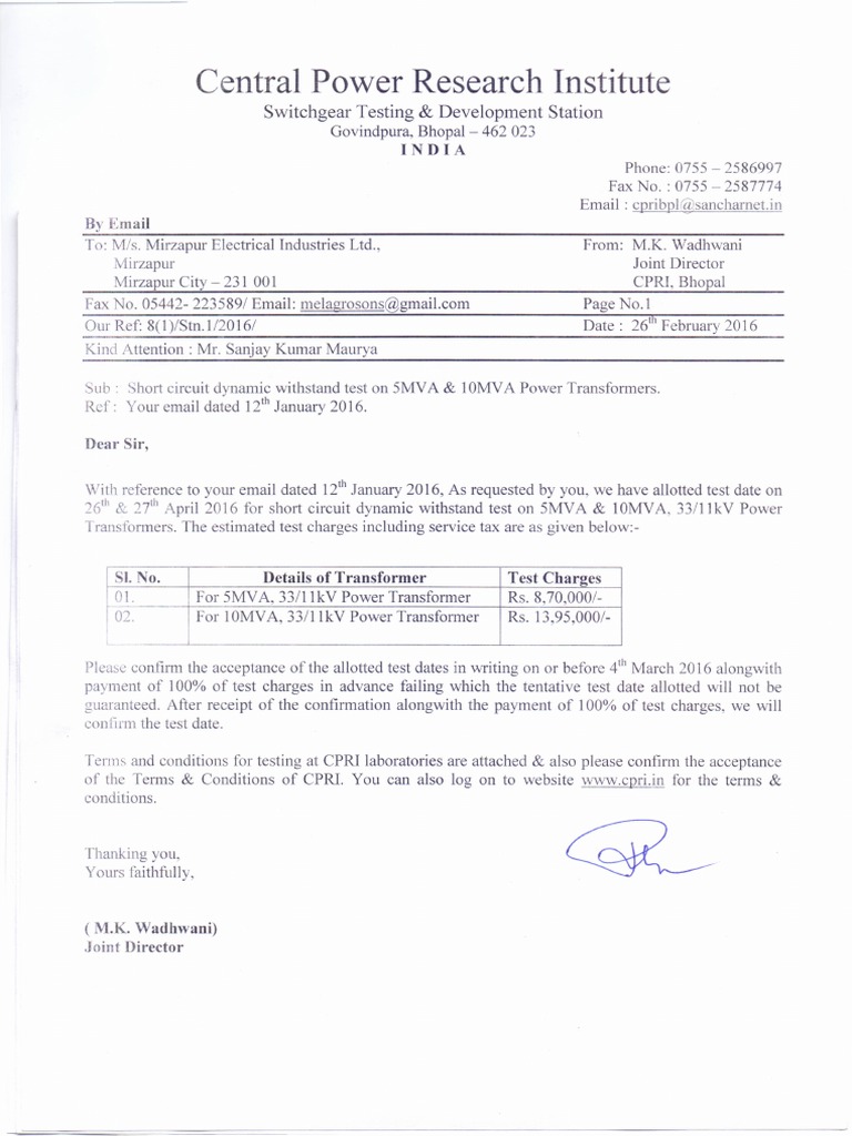 Confirmation of Short Circuit Dynamic Withstand Testing Dates and ...