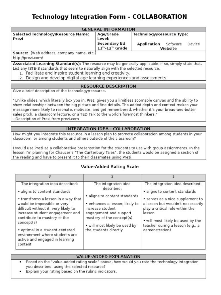 Technology Integration Template Collaboration Pdf Educational