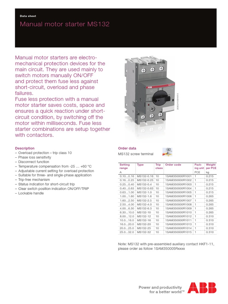 Manual Motor Starter MS132: Data Sheet | PDF | Fuse (Electrical) | Electromagnetic Compatibility
