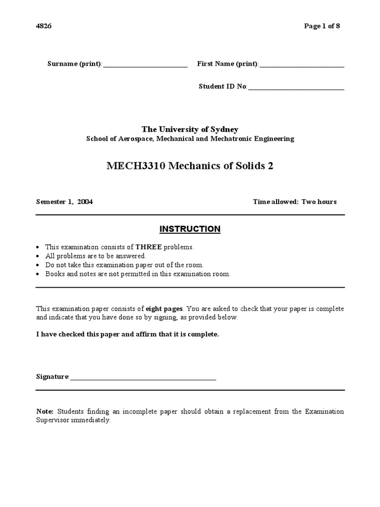 MECH3310 Mechanics of Solids 2: The University of Sydney | PDF ...