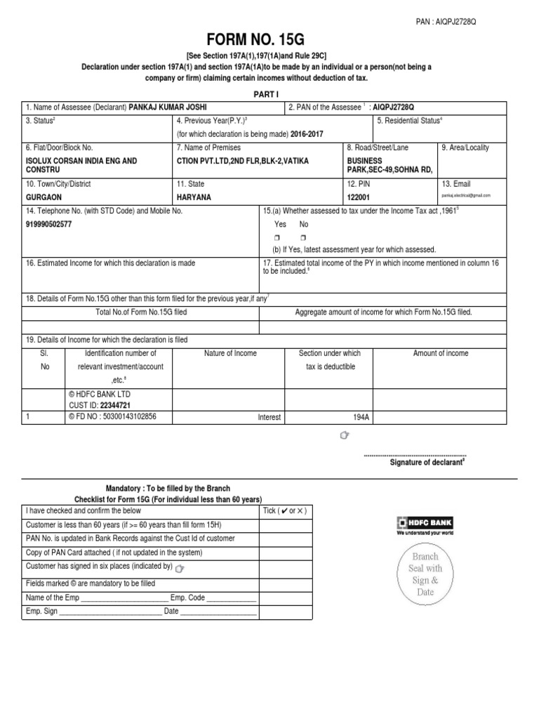 Form 15G Tax Declaration 2016-2017 | PDF | Taxes | Government