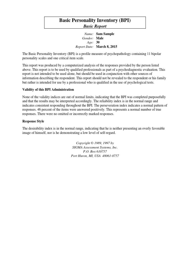 BPI Sample Report | PDF | Anxiety | Abnormal Psychology