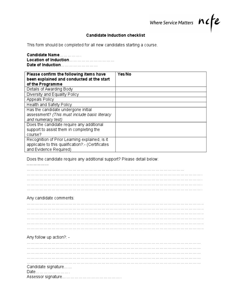 New Candidate Induction Checklist | PDF | Behavior Modification | Learning