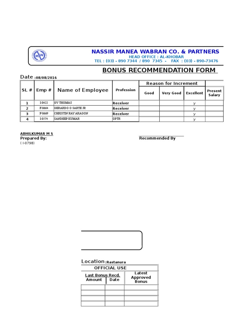 Bonus Recommendation Form: Nassir Manea Wabran Co. & Partners | PDF