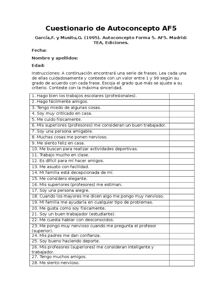 Cuestionario de Autoconcepto AF5 | PDF