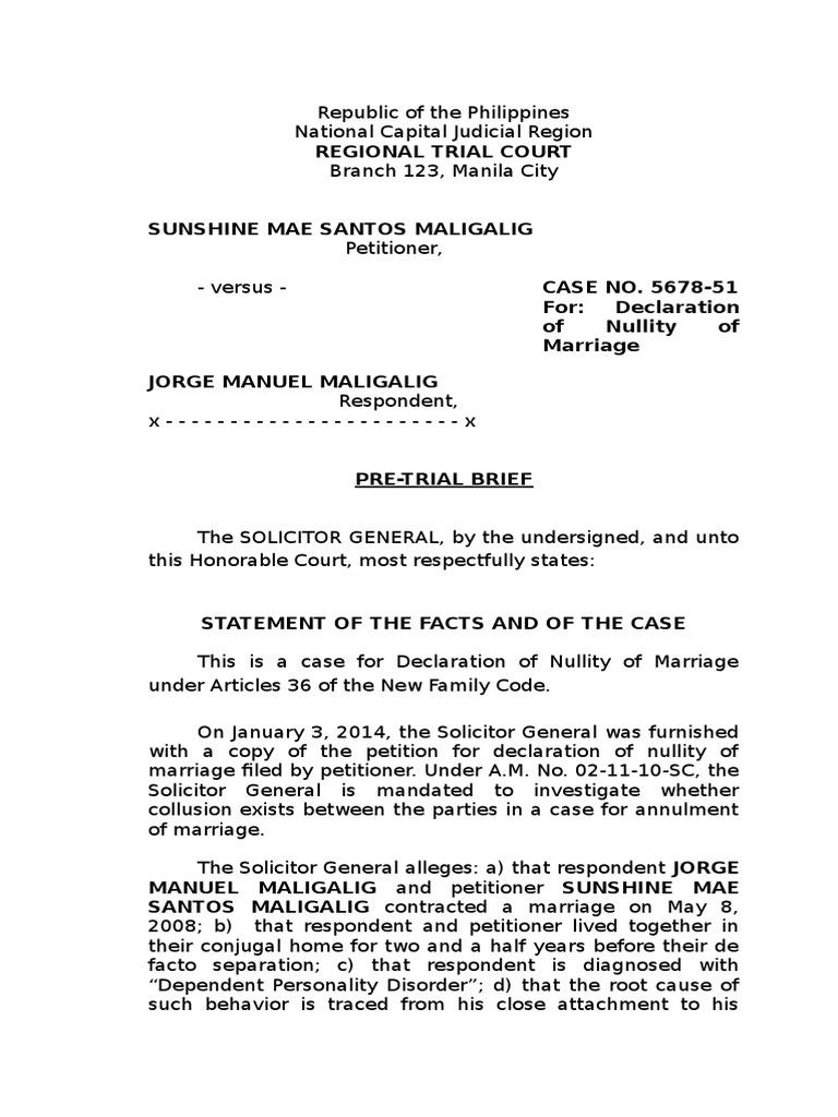 Pre-Trial Brief (Declaration of Nullity of Marriage) | Annulment | Marriage