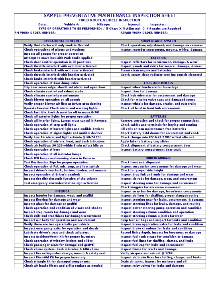 Sample Preventative Maintenance Inspection Sheet: Fixed Route Vehicle ...