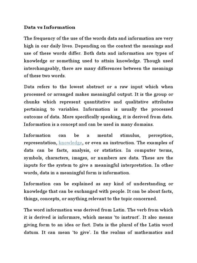 Data Vs Information: Knowledge | Download Free PDF | Data | Information