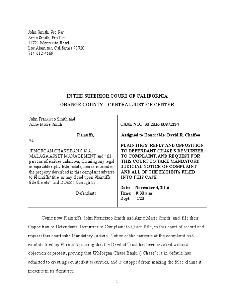 Opposition to Demurrer-sample | Foreclosure | Demurrer
