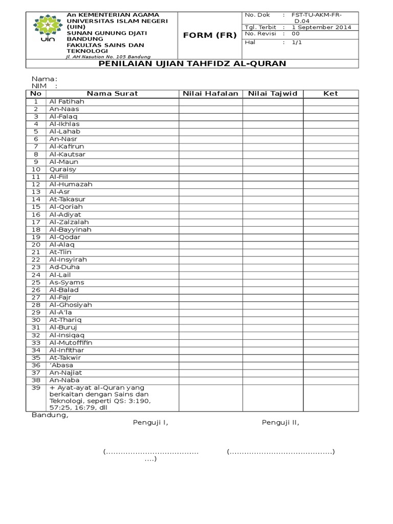 D.04 Form Penilaian Ujian Tahfidz Al Quran | PDF
