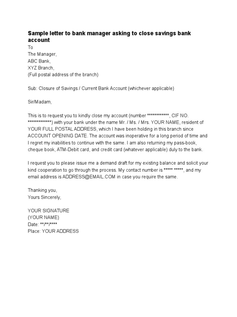 Sample Letter To Bank Manager Asking To Close Savings Bank Account | PDF