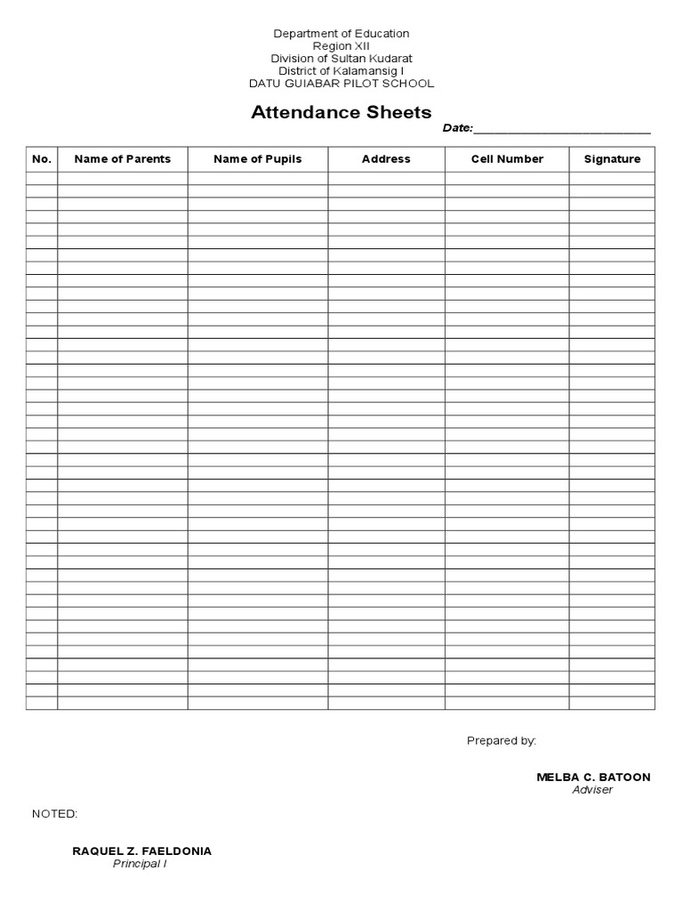 Attendance Sheets: No. Name of Parents Name of Pupils Address Cell ...