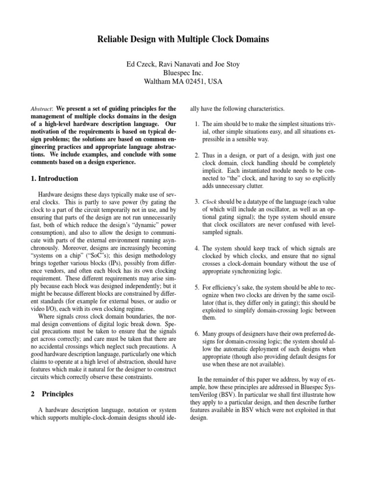 Reliable Design With Multiple Clock Domains: Ed Czeck, Ravi Nanavati and Joe Stoy Bluespec Inc ...
