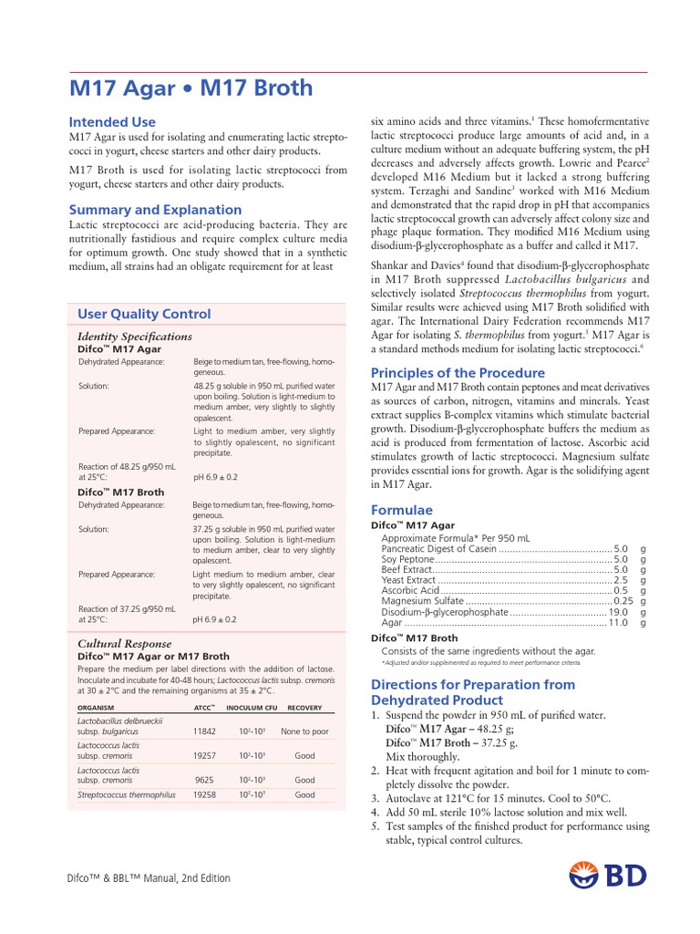 M17 Agar • M17 Broth.pdf | Growth Medium | Microbiology