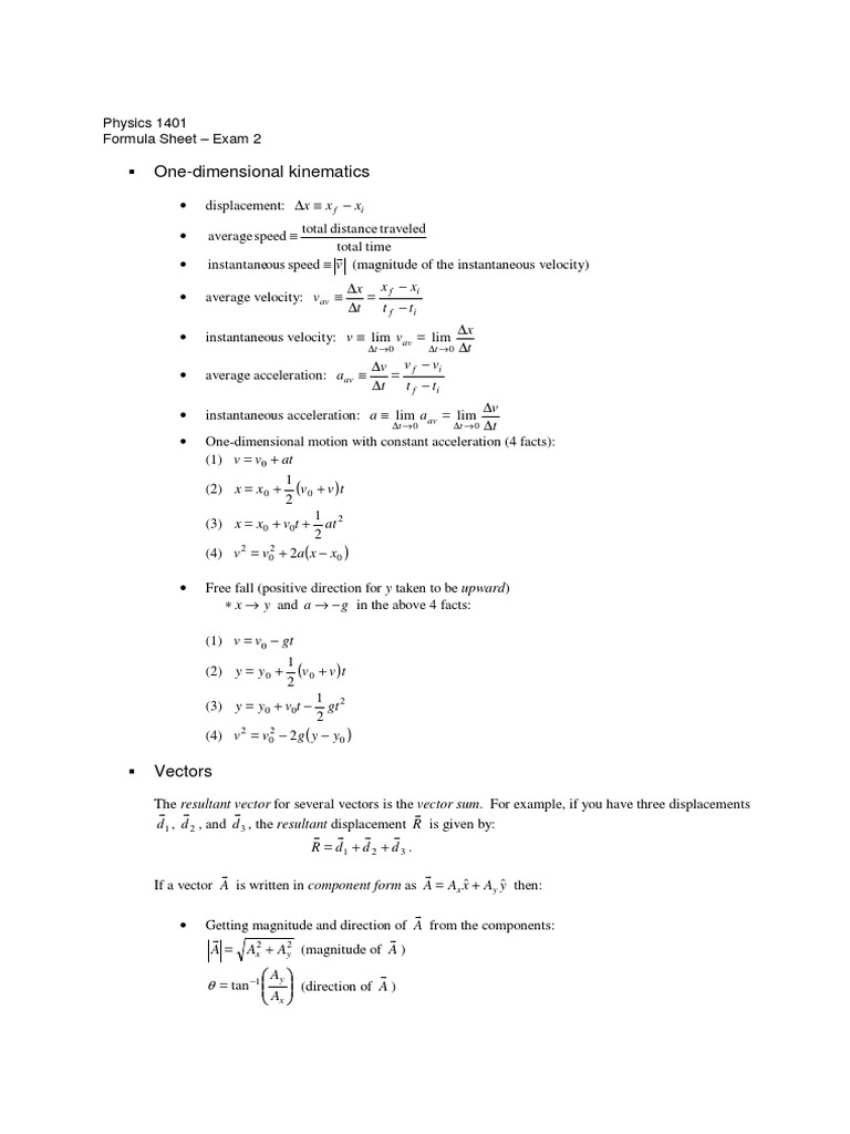 One-Dimensional Kinematics: Physics 1401 Formula Sheet - Exam 2 | PDF