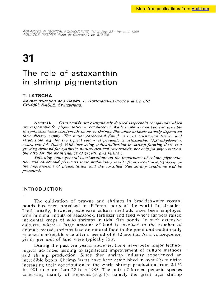 The Role of Astaxanthin in Shrimp Pigmentation: T. Latscha | Download ...