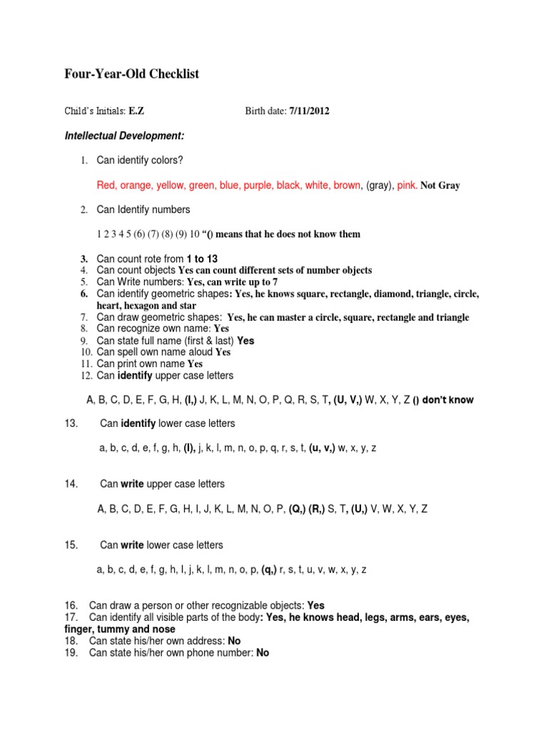 Four-Year-Old Checklist: Intellectual Development | PDF | Conversation