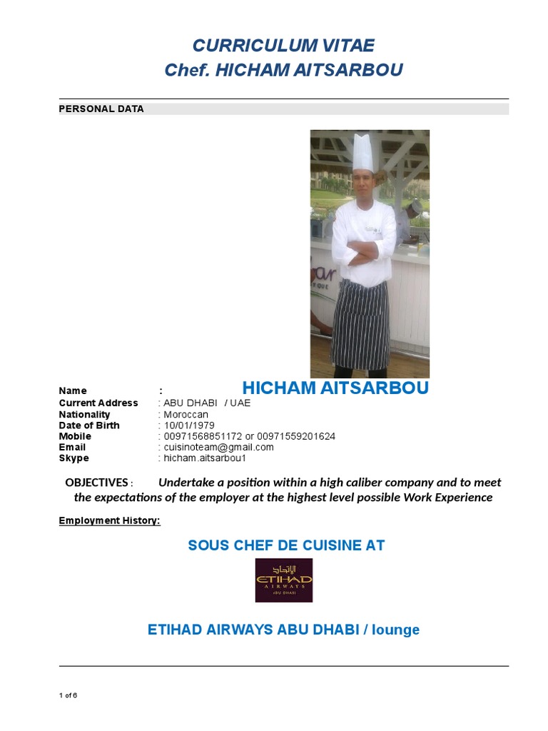 Curriculum Vitae Chef. Hicham Aitsarbou | PDF | Chef | Food And Drink