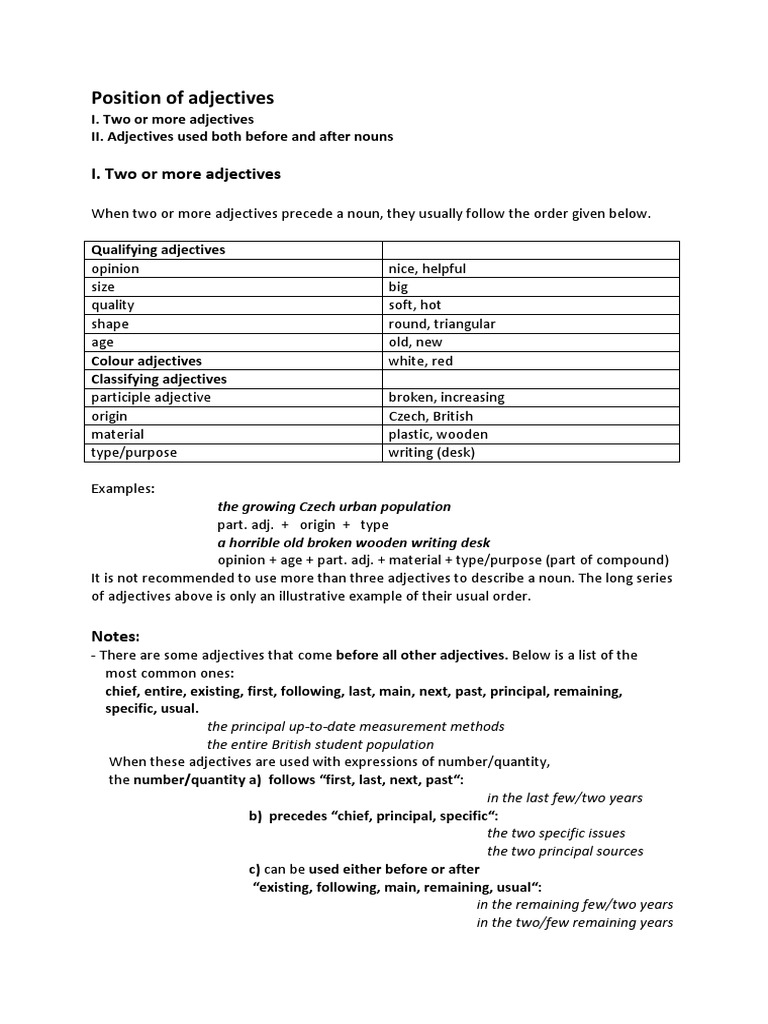 Position of Adjectives | PDF | Adjective | Linguistic Typology