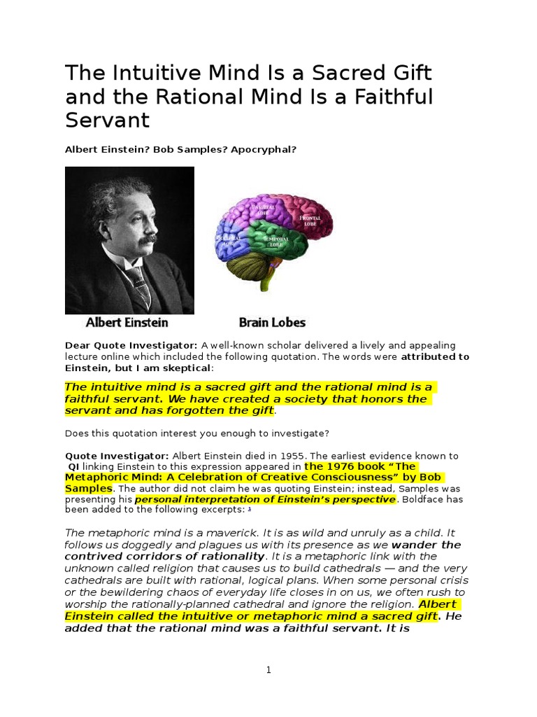 The Intuitive Mind is a Sacred Gift and the Rational Mind is a Faithful ...
