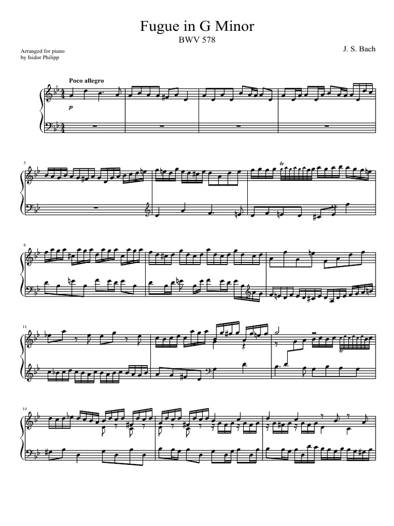 Bach Fugue in G Minor BWV 578 Piano Solo | PDF