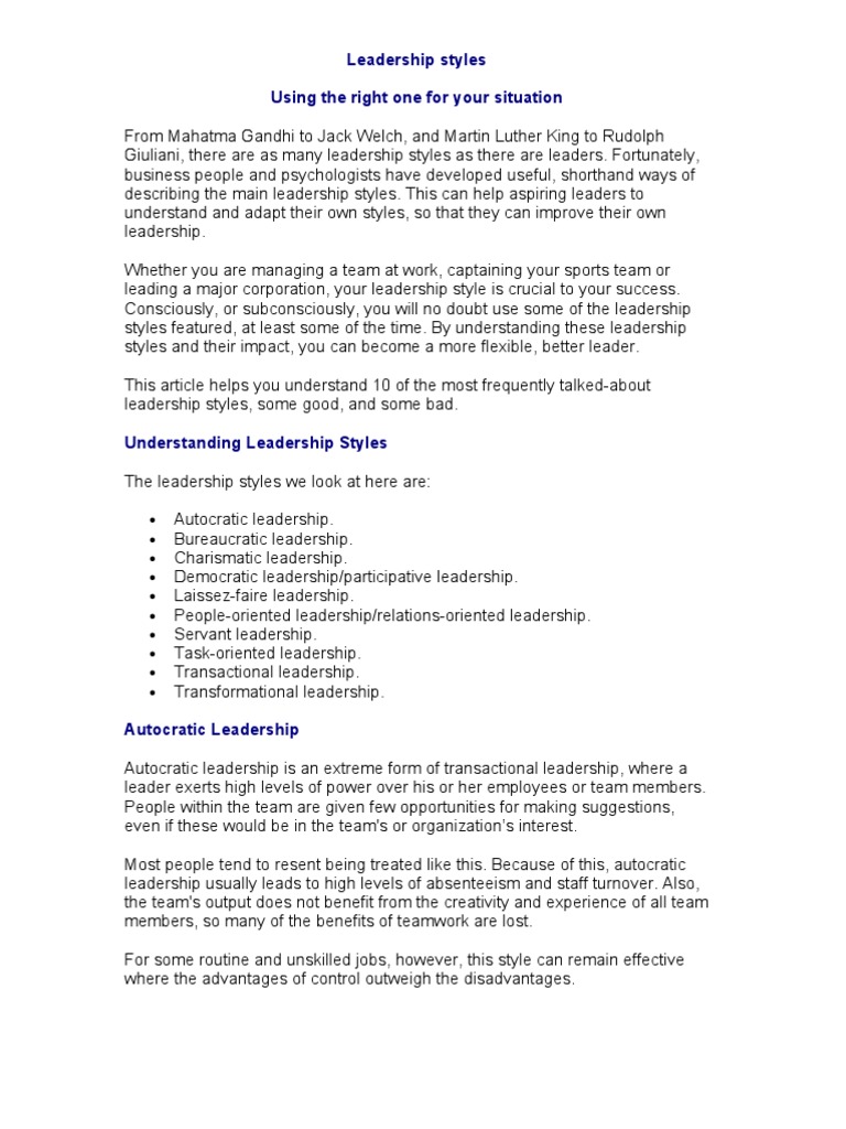 Leadership Styles. | PDF | Servant Leadership | Leadership