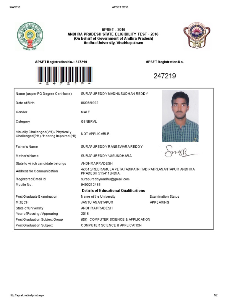APSET 2016 Andhra Pradesh State Eligibility Test 2016 (On Behalf of ...