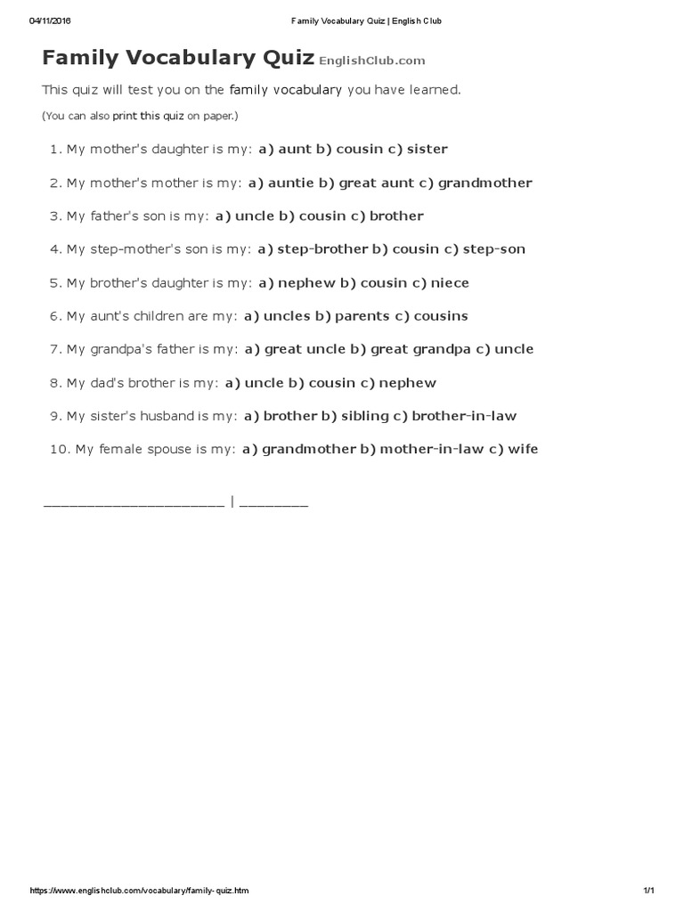 Family Vocabulary Quiz - English Club PDF | PDF | Sports & Recreation ...