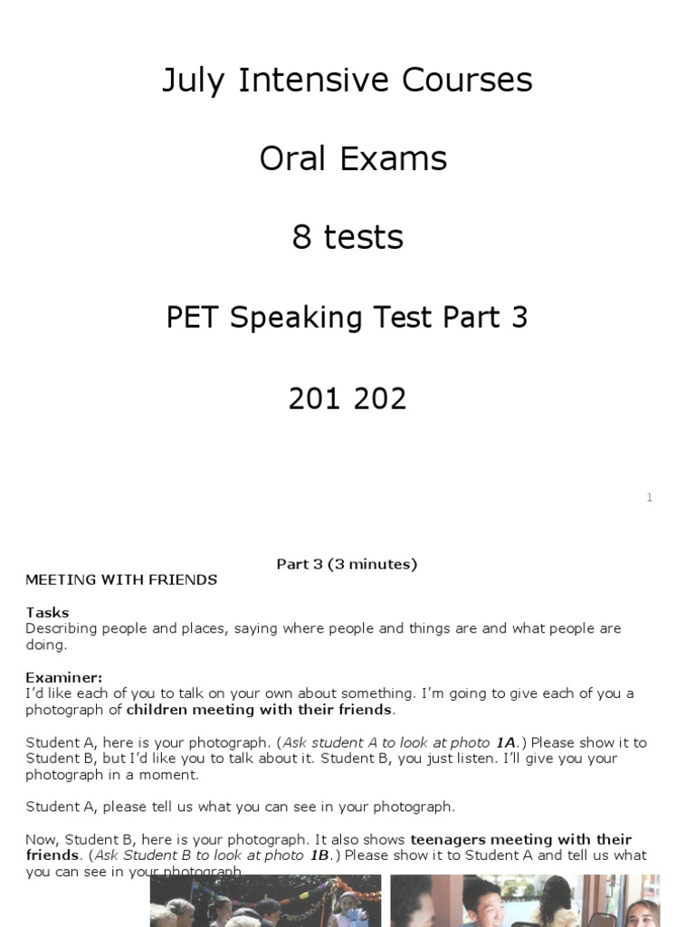 July Intensive Courses Oral Exams 8 Tests: PET Speaking Test Part 3 201 ...