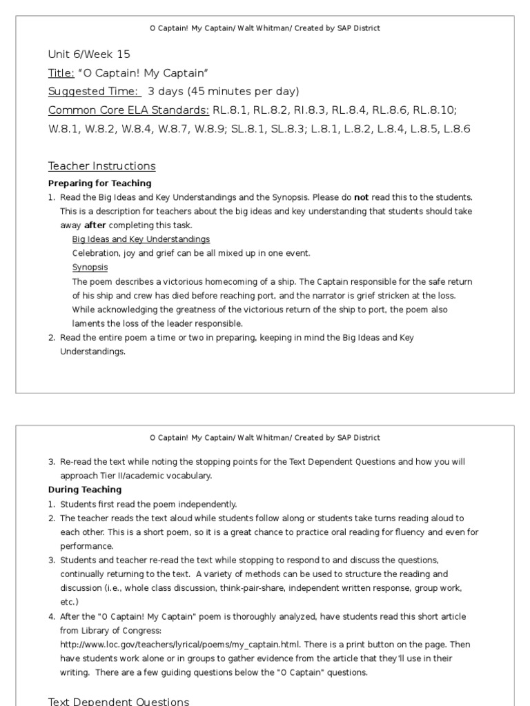 O Captain My Captain. Lesson - Anthology | PDF | Walt Whitman | Poetry