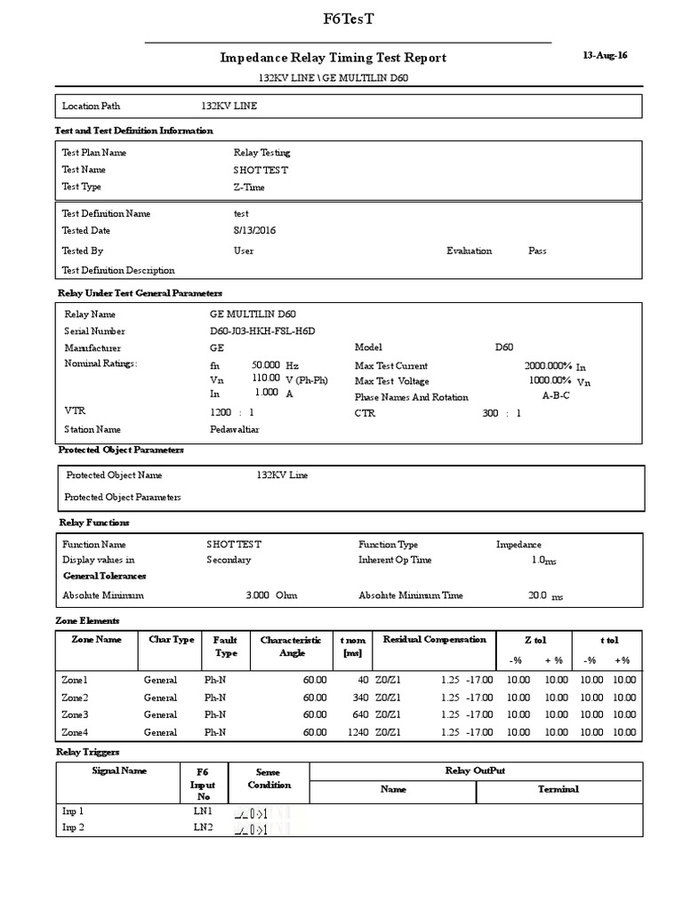 D60 Impedance Relay Timing Test Report | PDF | Relay | Electrical Impedance