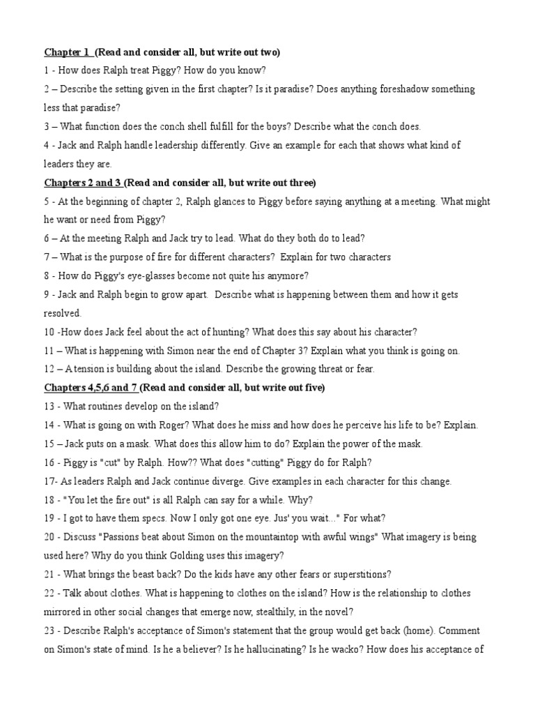 Lord of The Flies Reading Comprehension Quide Questions | PDF
