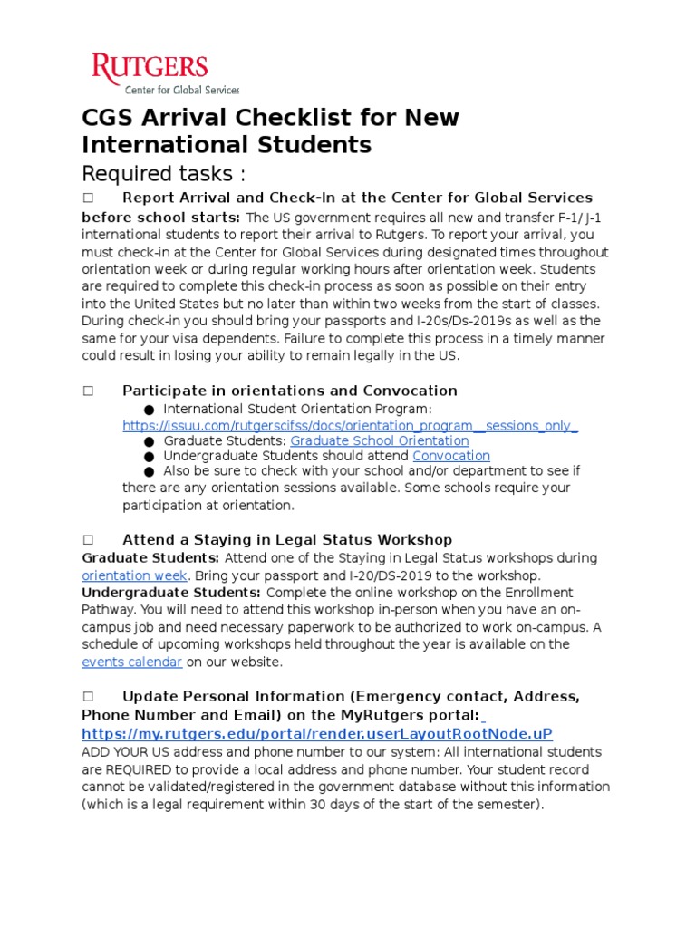 Arrival Checklist For New International Students | PDF | Government ...